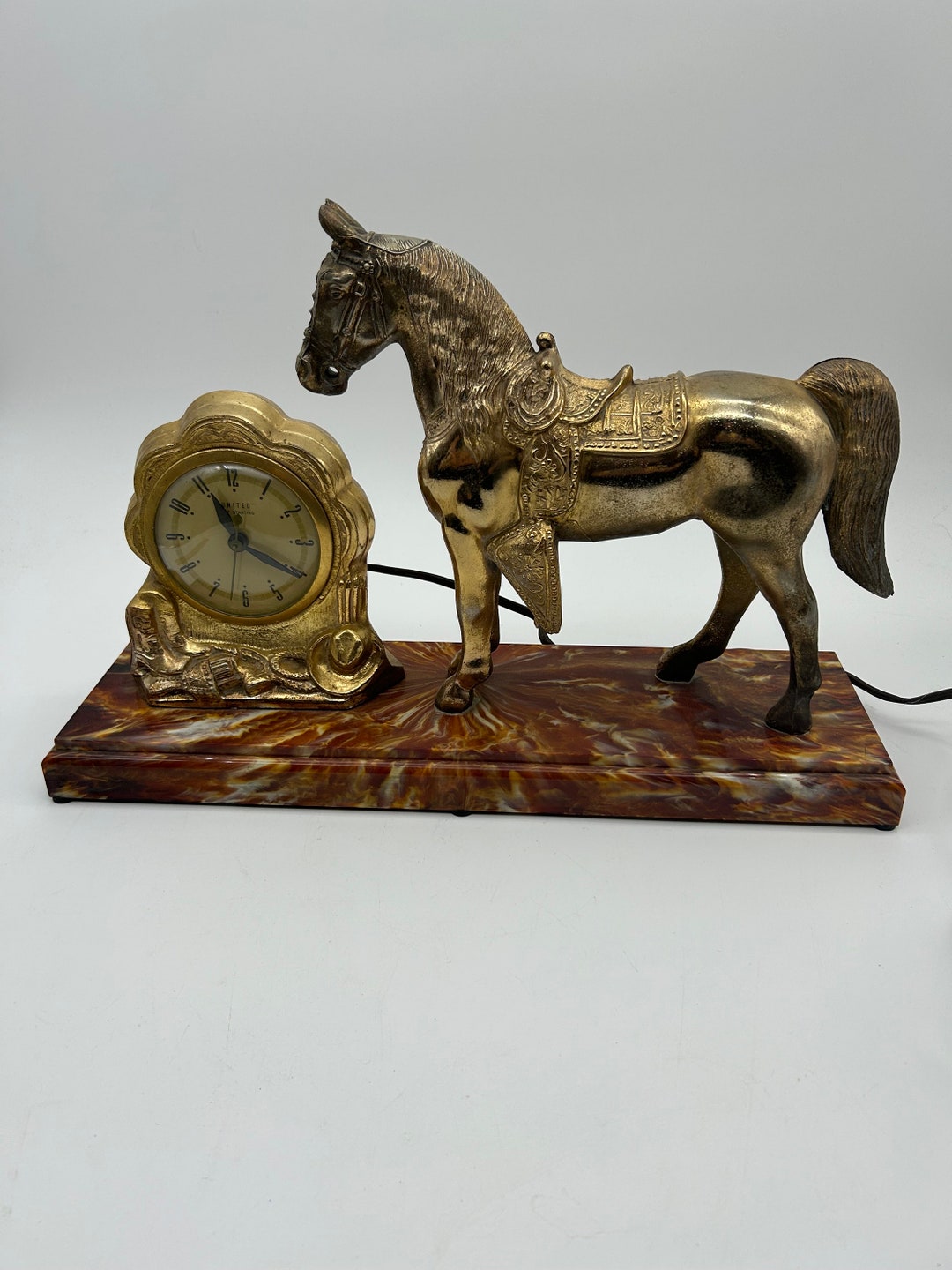 Vintage Mid Century United Clock Co Self-starting Gold Colored Horse ...