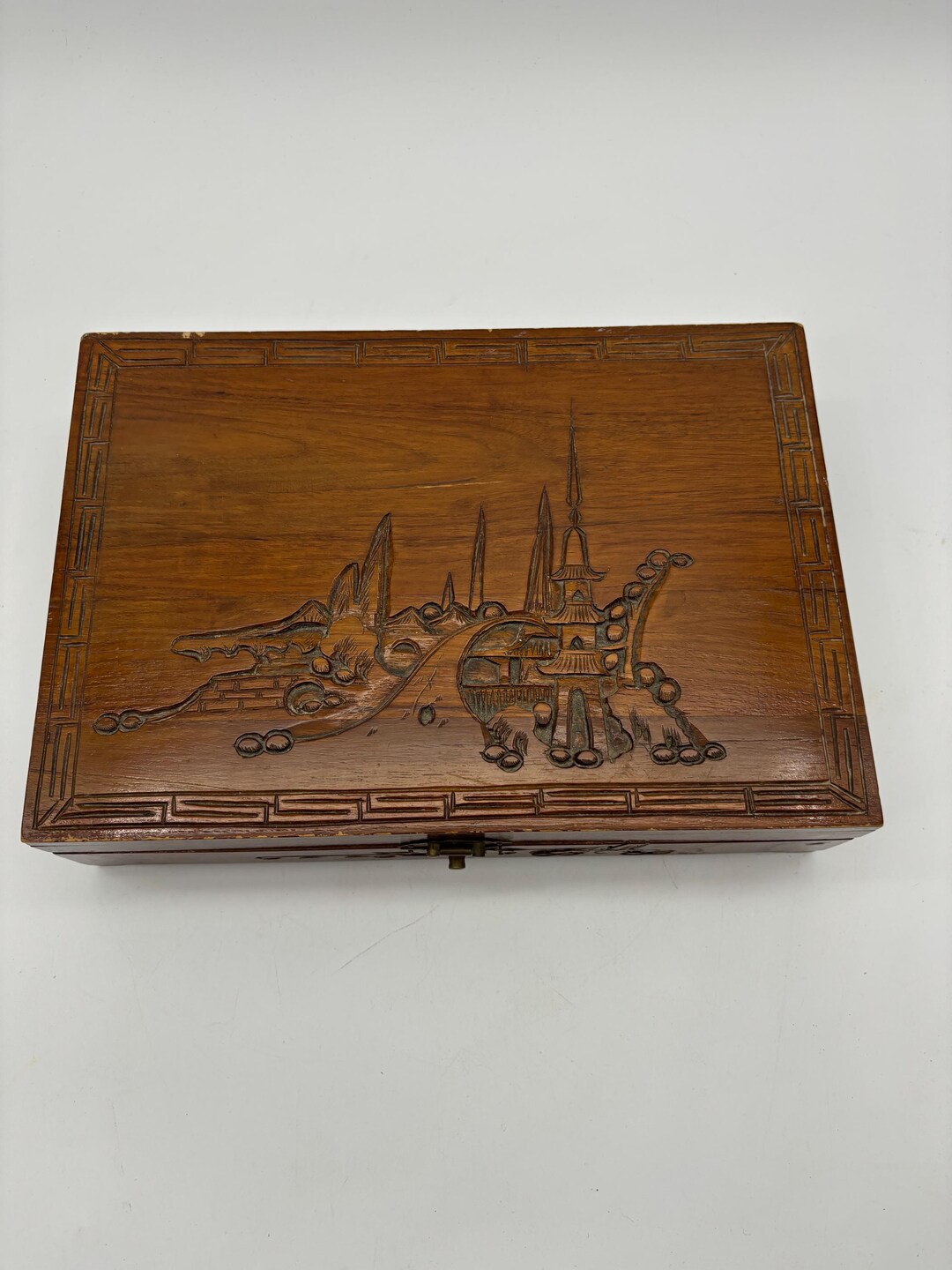 Vintage Hand Carved Asian Style Wooden Jewelry Box, Red Velvet Lined ...