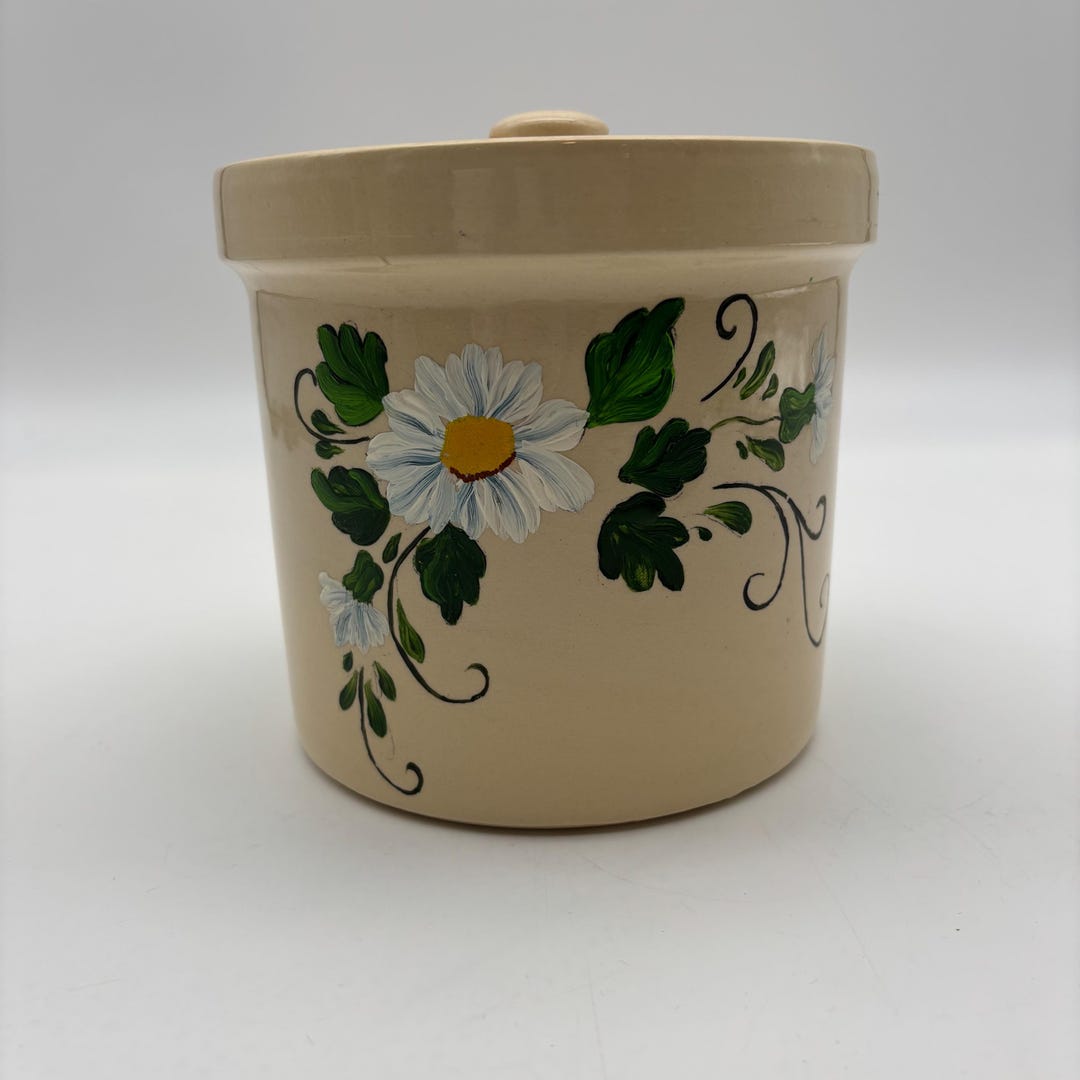 Vintage Stoneware Grease Jar Lidded Croc With Hand Painted Floral Motif ...