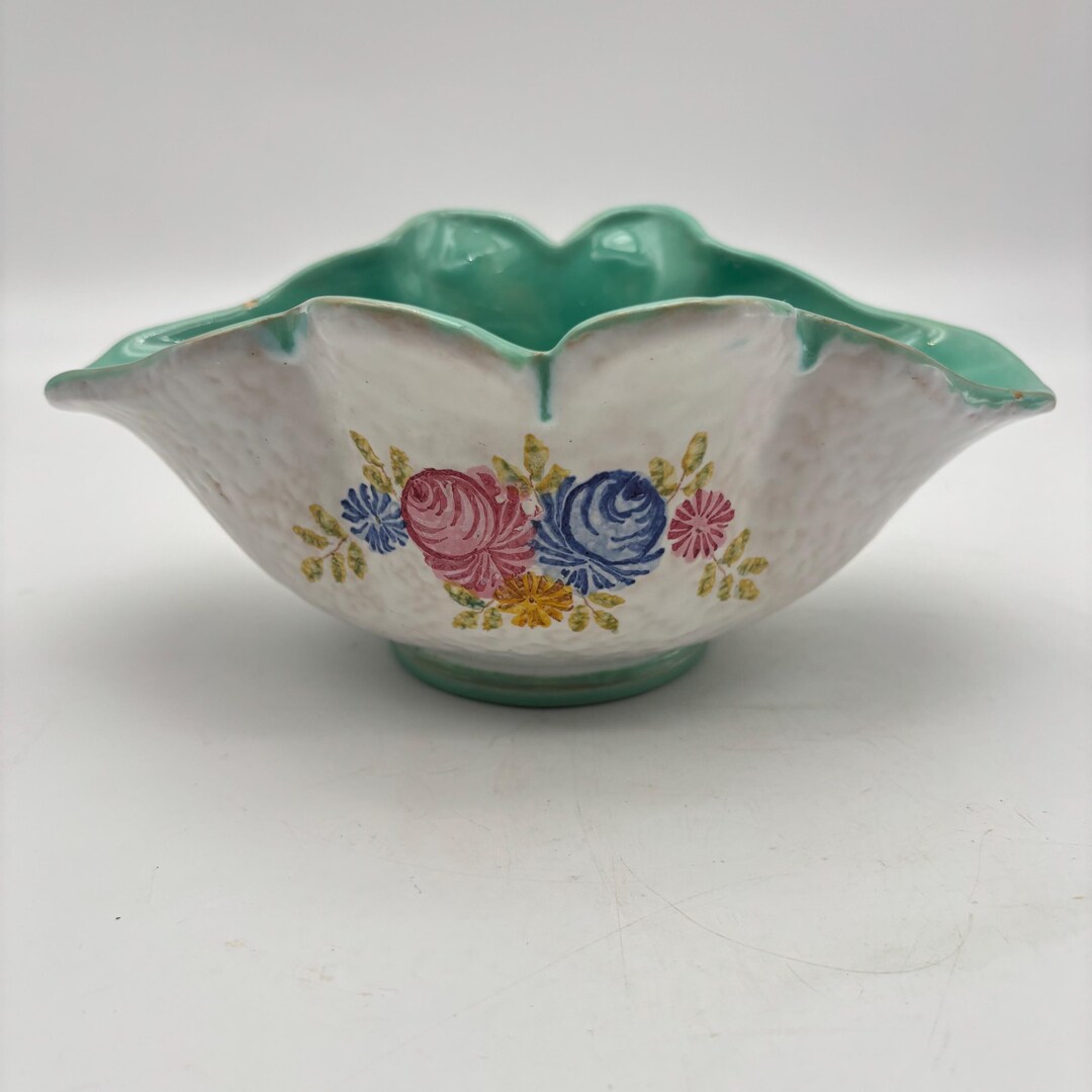 Vintage Vanro Pottery Bowl: Teal Floral Design, Signed Italy R-72 - Etsy