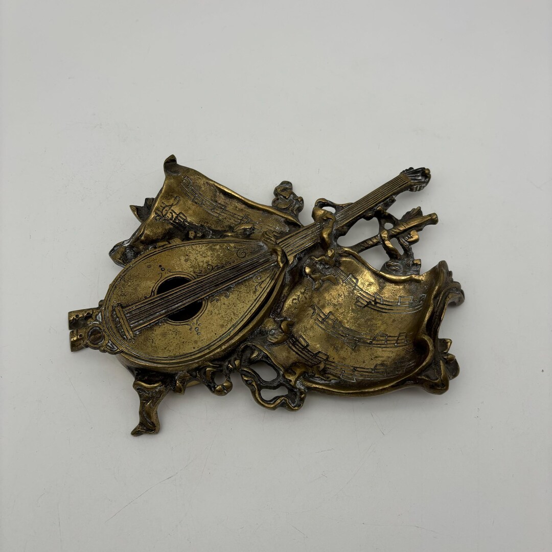 Vintage Solid Brass Mandolin on Sheet Music Trinket Box / Jewelry Tray ...