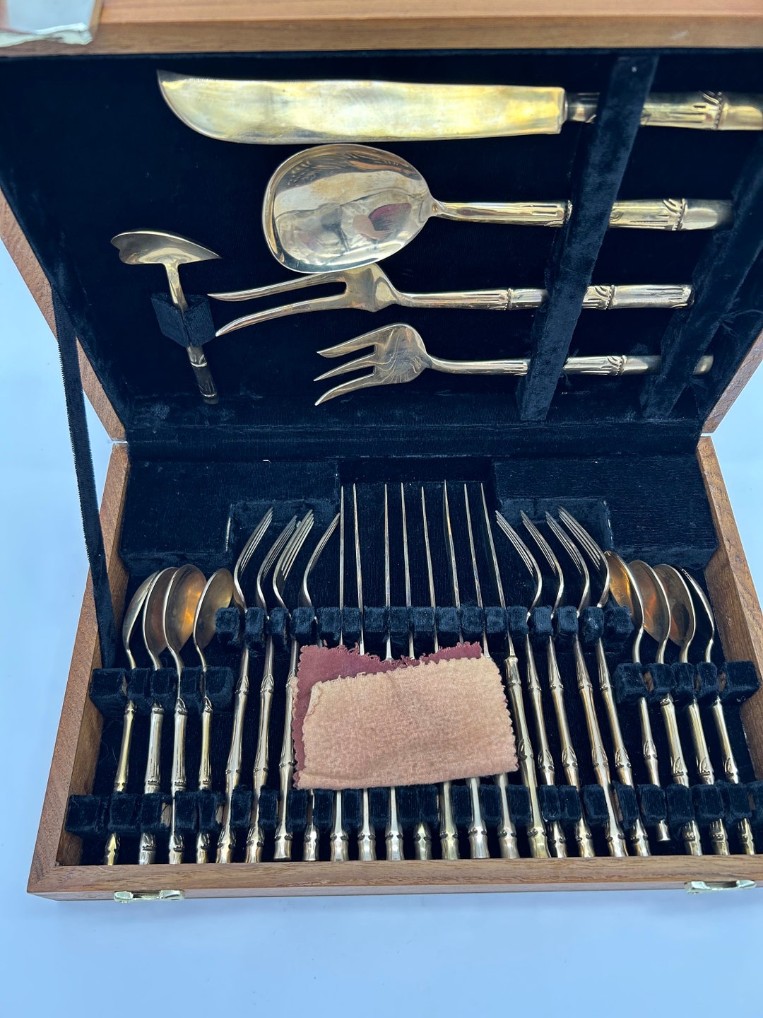 Vintage Nickel Bronze Flatware Bamboo Shape Pattern With Wooden Case ...