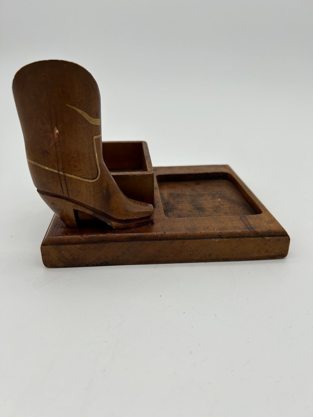 Vintage Mid Century Solid Wood Cowboy Boot Desk Organizer / Notepad ...