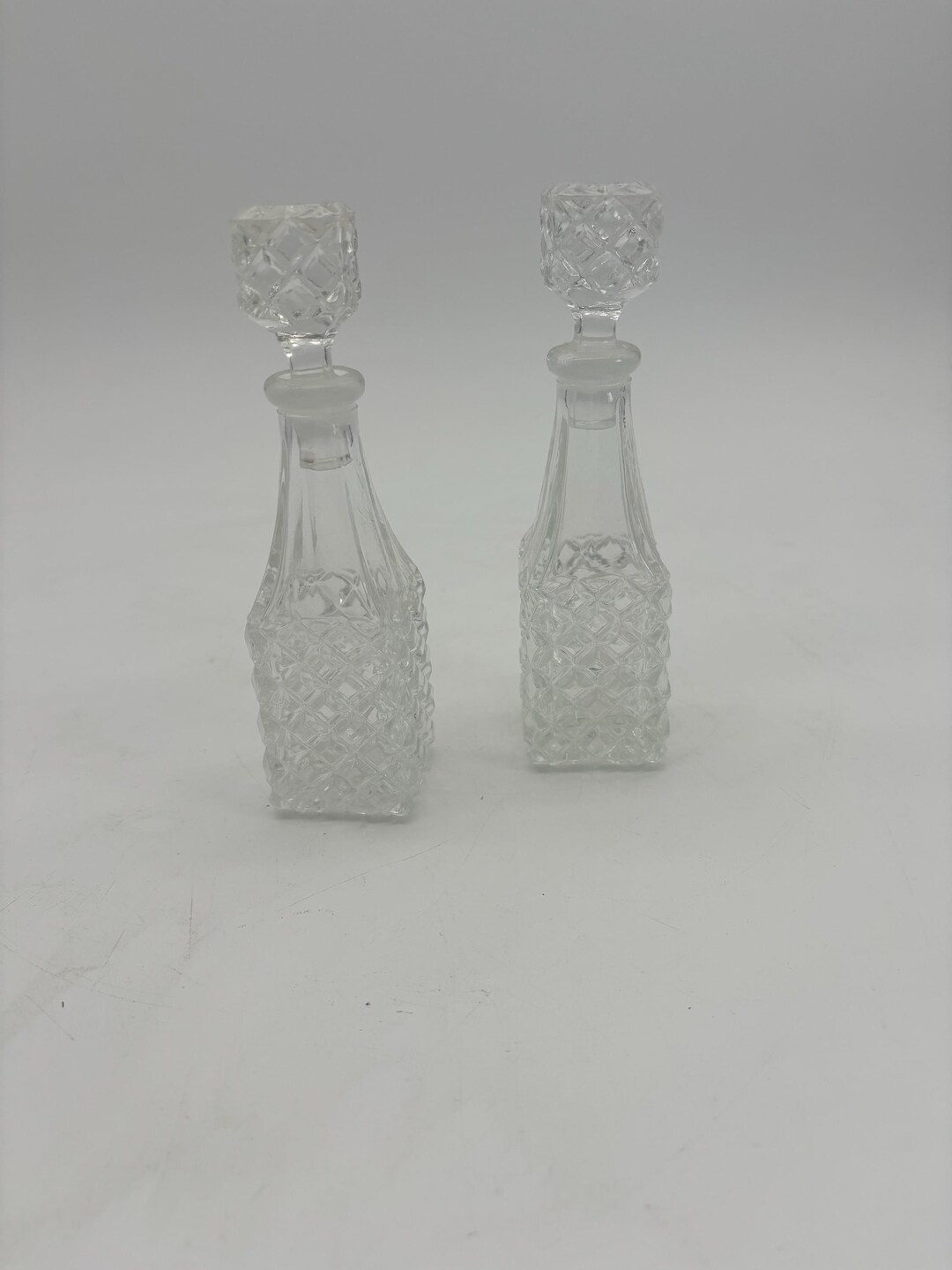 Vintage Pair Diamond Pattern Pressed Glass Cruets With Stoppers. Olive ...