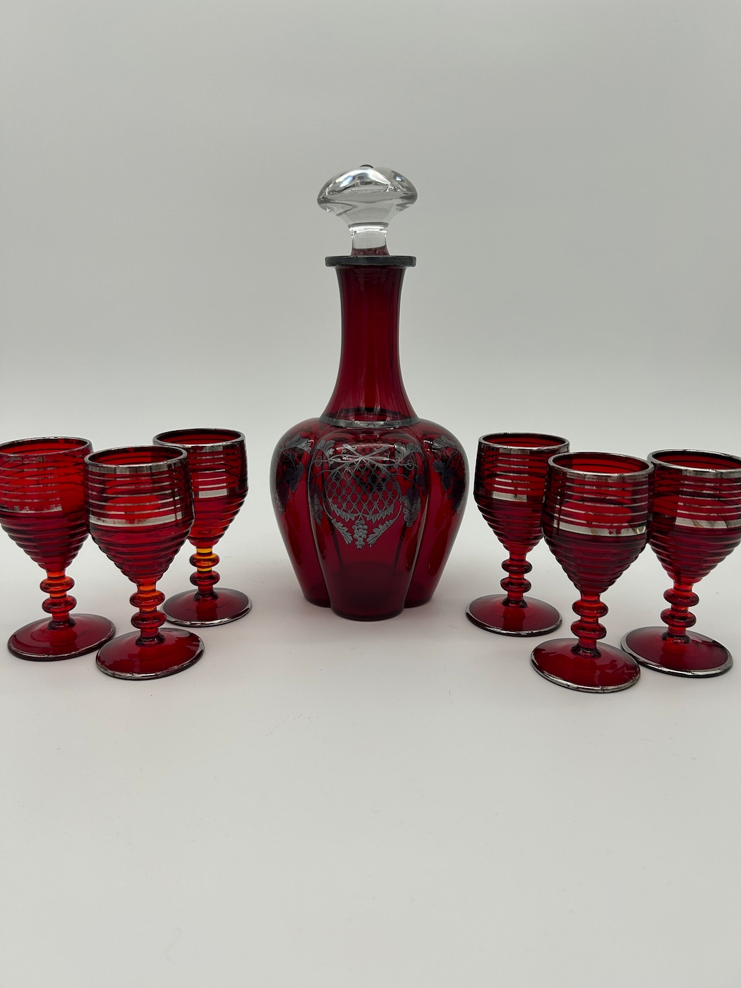 Vintage Ruby Red Wine Decanter With 6 Stemmed Glasses - Etsy