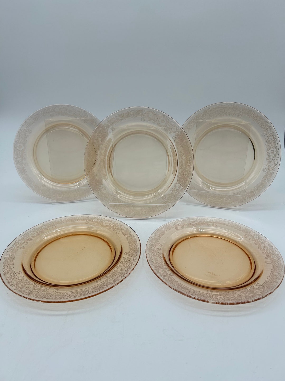 Vintage Set of 5 Peach Colored Glass Plates Etched Floral Pattern With ...