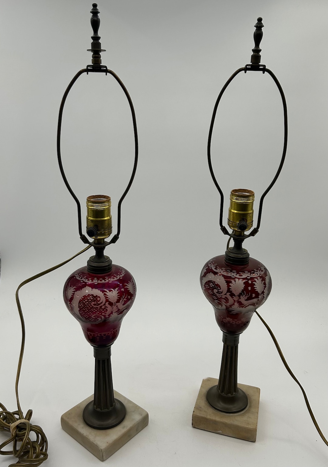 Pair of Antique Cranberry Glass Table Lamps With Brass and Marble Base ...