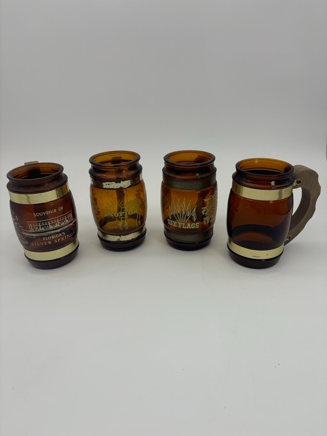Vintage Siesta Ware Amber Glass Mugs With Wood Handle Souvenir Glass ...