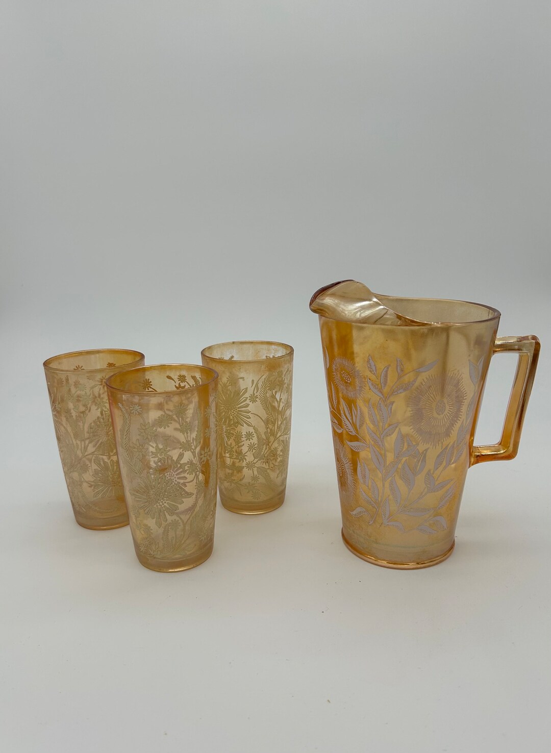Vintage Jeannette Marigold Carnival Glass Cosmos Pitcher With 3 Glasses ...
