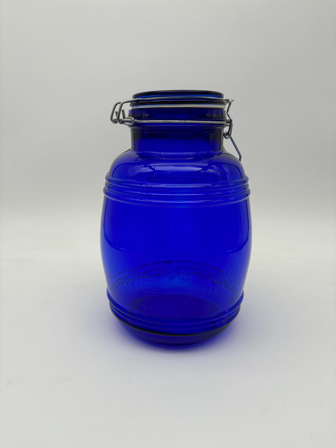 1980s Cobalt Blue Large Glass Canister. Embossed. Clamp Style Lid. Blue ...