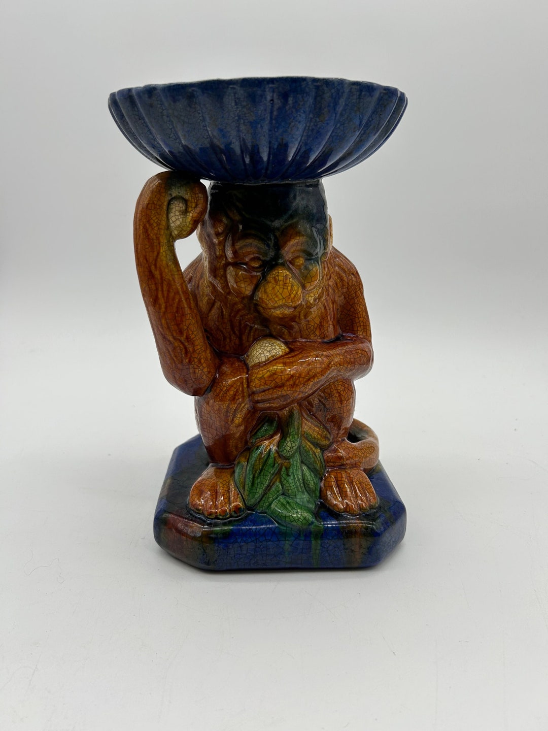 Vintage Mid Century Majolica Style Hand Painted Monkey Pedestal Bowl 10 ...