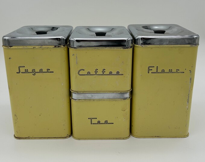 Yellow Atomic Age Vintage Flour Sugar Coffee Tea Metal Kitchen Storage ...