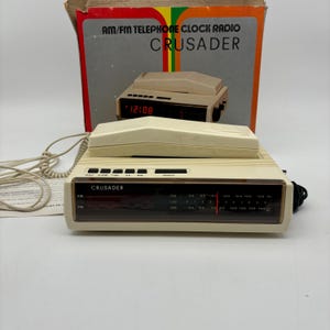 1980s Crusader Home Phone Alarm Clock AM / FM Radio. Vintage Touchtone Phone With Original ...