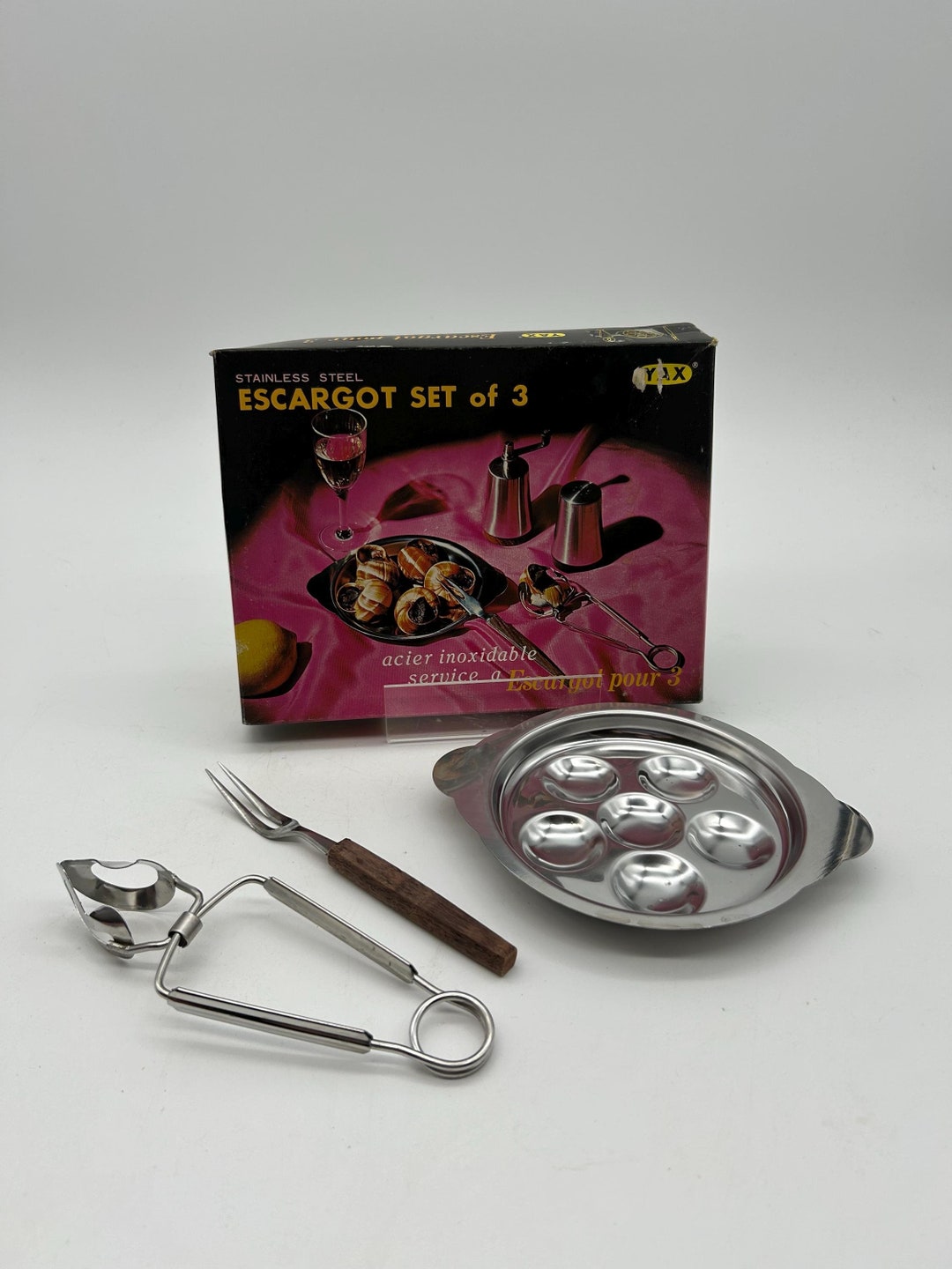 Vintage Escargot Serving Set of Yax Stainless Steel Plate Tongs Fork ...