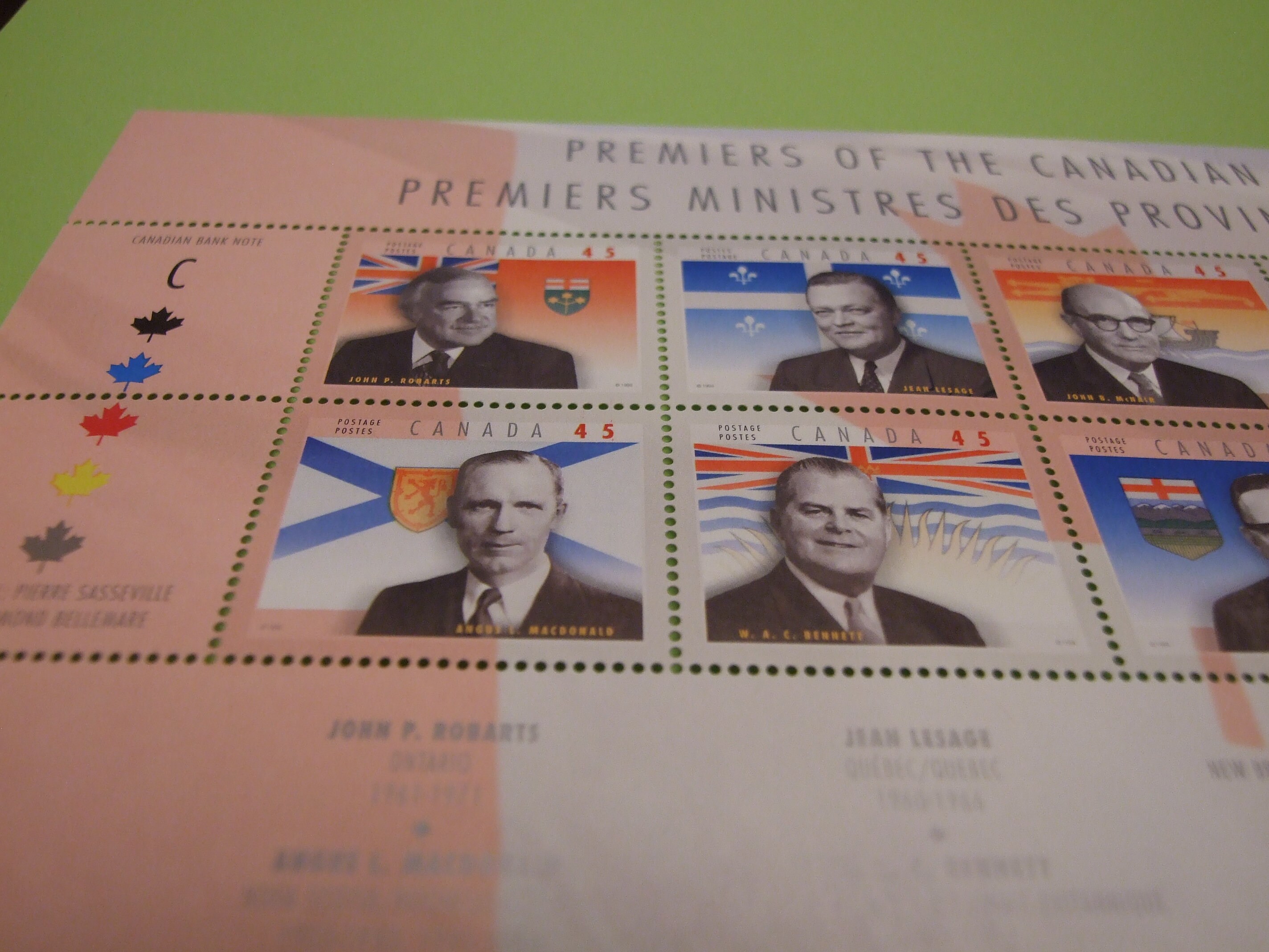 Mint Canadian Souvenir Postage Stamp Sheet Premiers of Canada 45 Cent ...