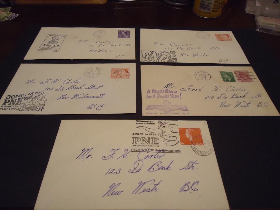 5 Envelopes With Used Canadian Postage Stamps, With PNE Exhibition Post ...