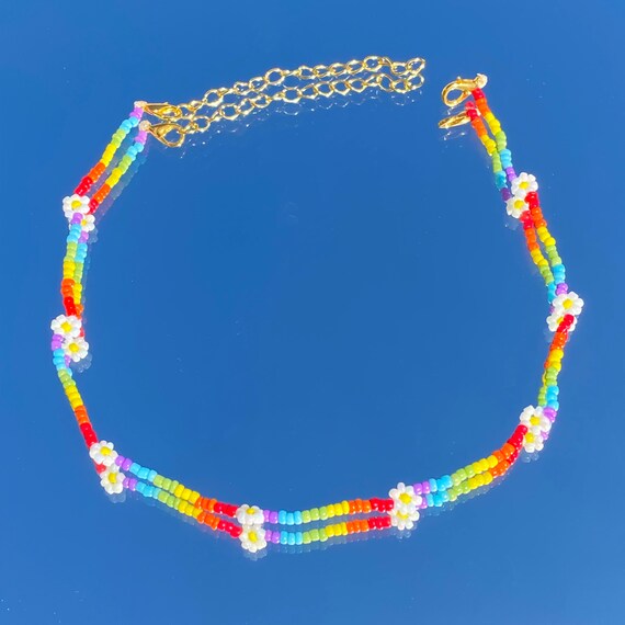 Rainbow Daisy Seed Bead Necklace Beaded Necklace Daisy | Etsy