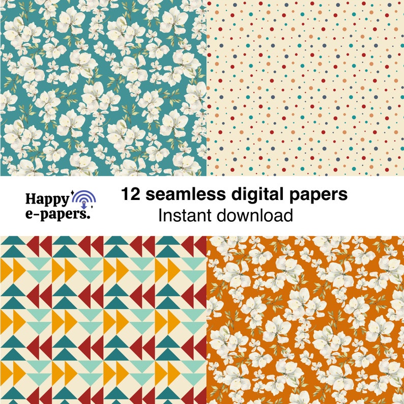 Retro Flowers Digital Papers, Boho Floral Digital Seamless Paper ...