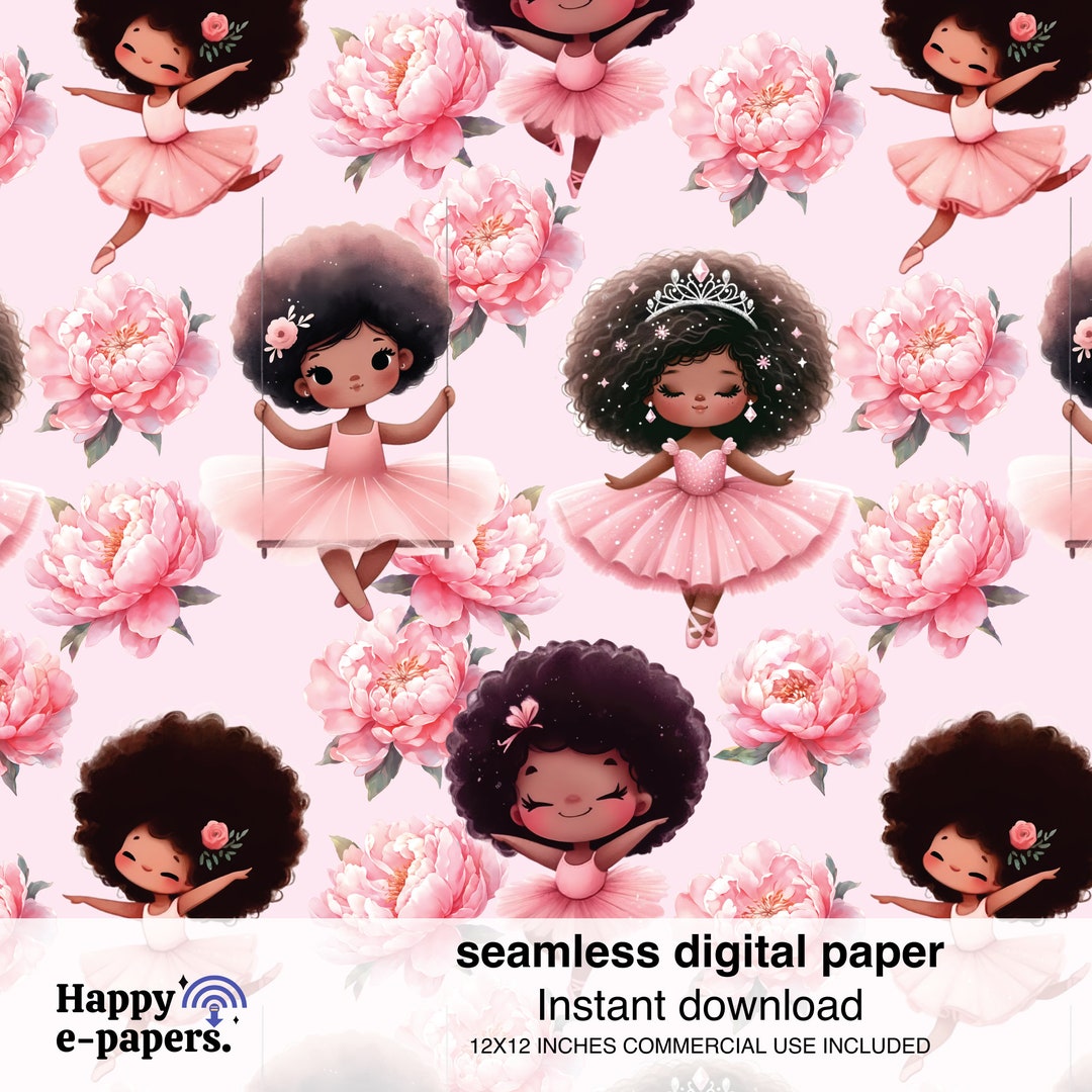 African American Ballerina Girl Digital Paper, Pink and Silver Seamless ...