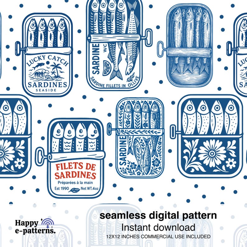 Vintage Sardine Can Seamless Patter, Blue Nautical Digital Paper PNG ...