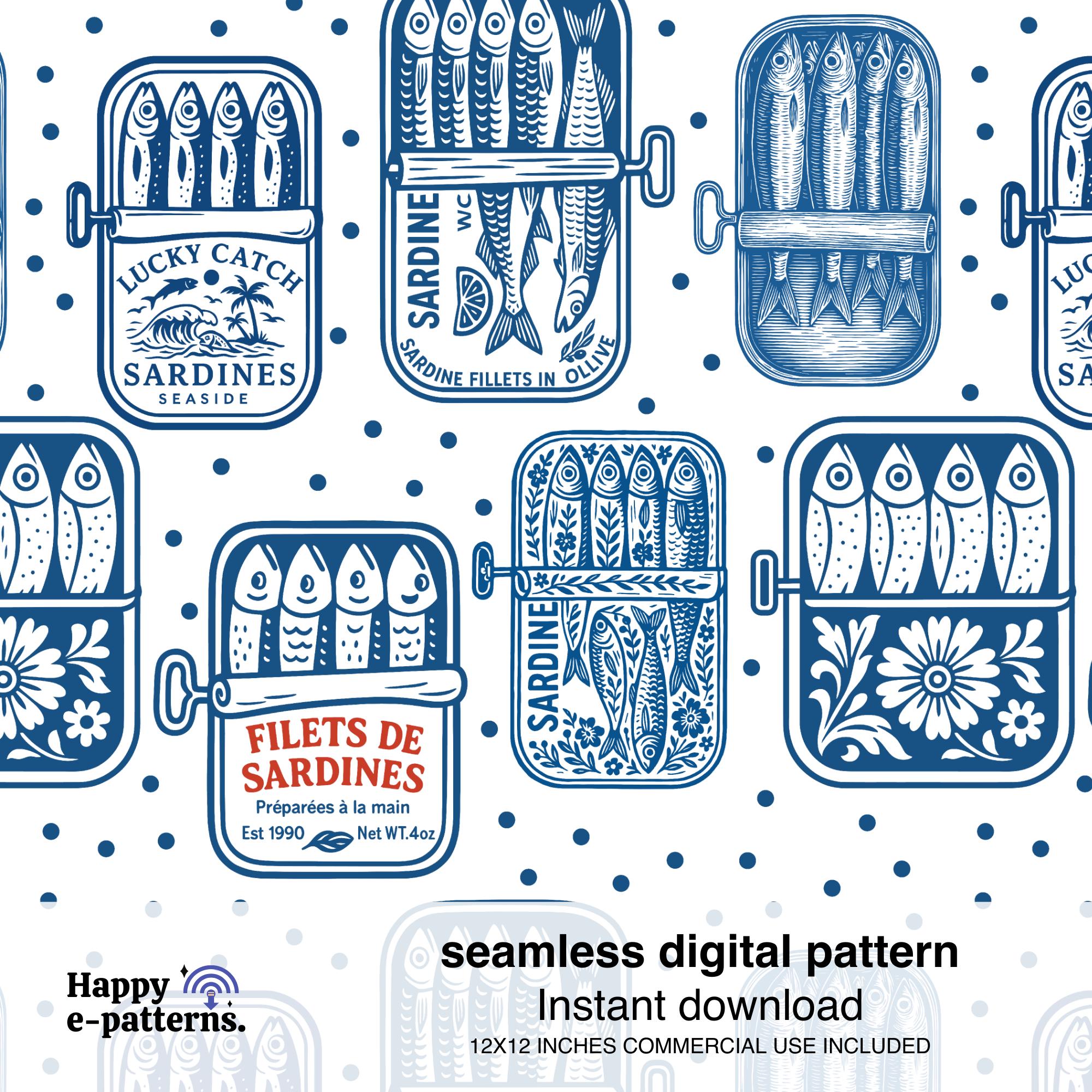 Vintage Sardine Can Seamless Patter, Blue Nautical Digital Paper PNG ...