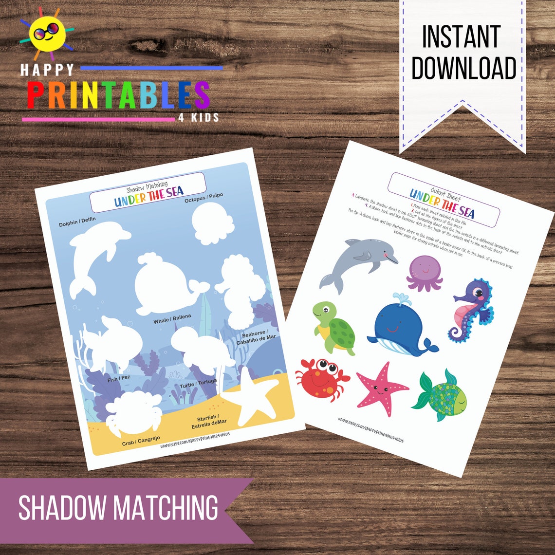 Bilingual Shadow Matching Game, Sea Animals Printable, Homeschool ...