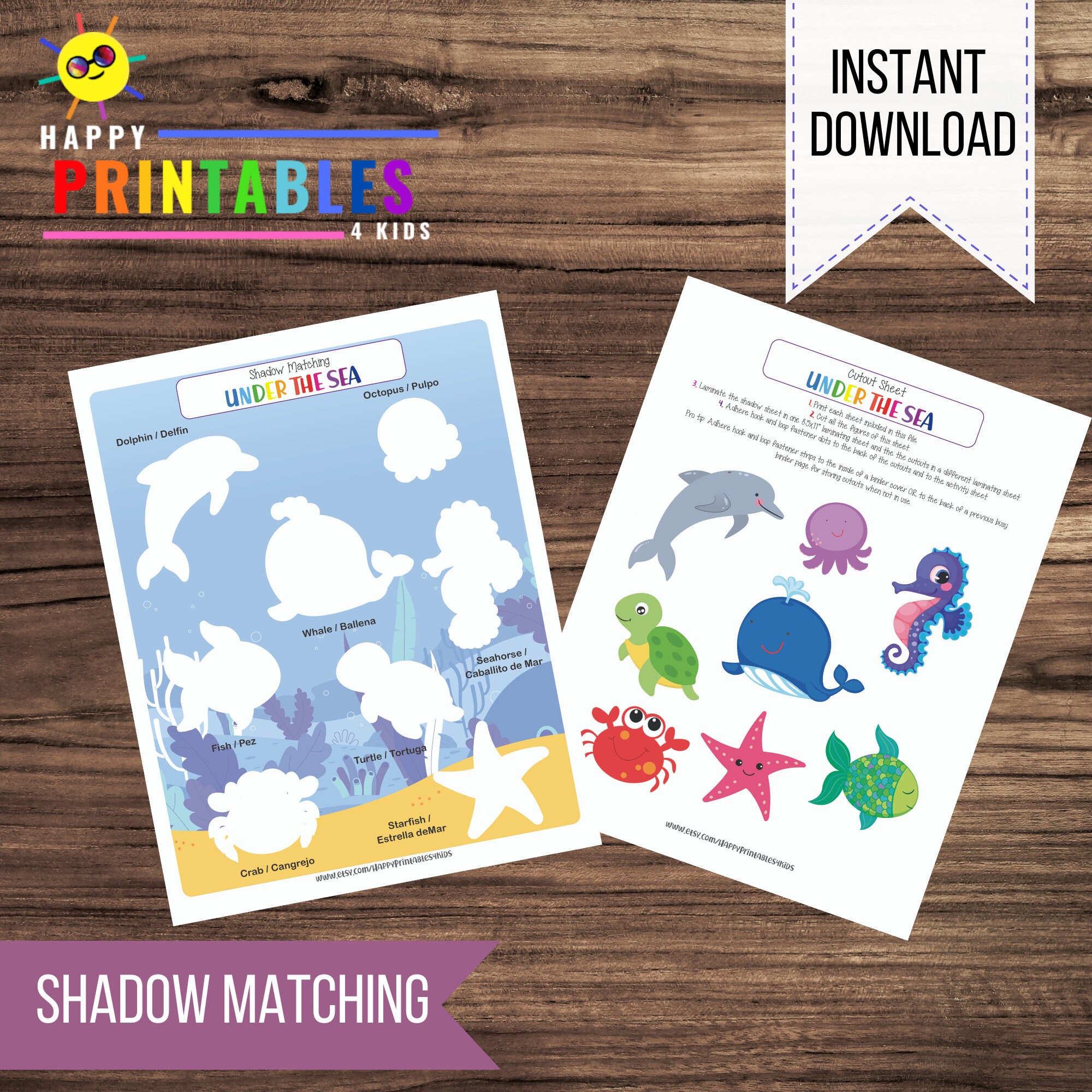 Bilingual Shadow Matching Game Sea Animals Printable - Etsy