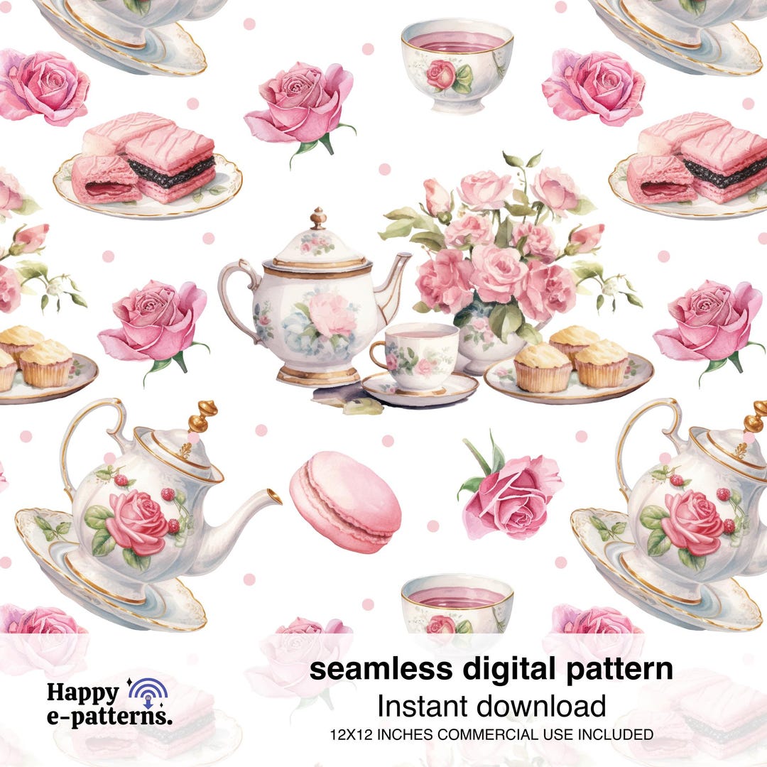 Vintage Tea Party Seamless Pattern, Floral Teacup Digital Paper ...
