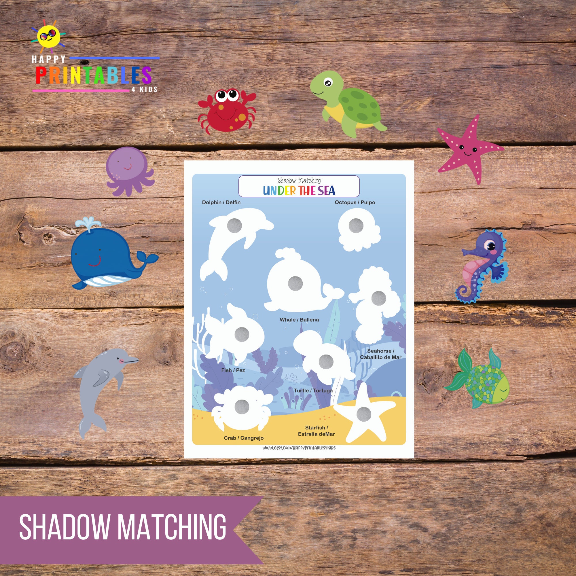 Bilingual Shadow Matching Game Sea Animals Printable - Etsy