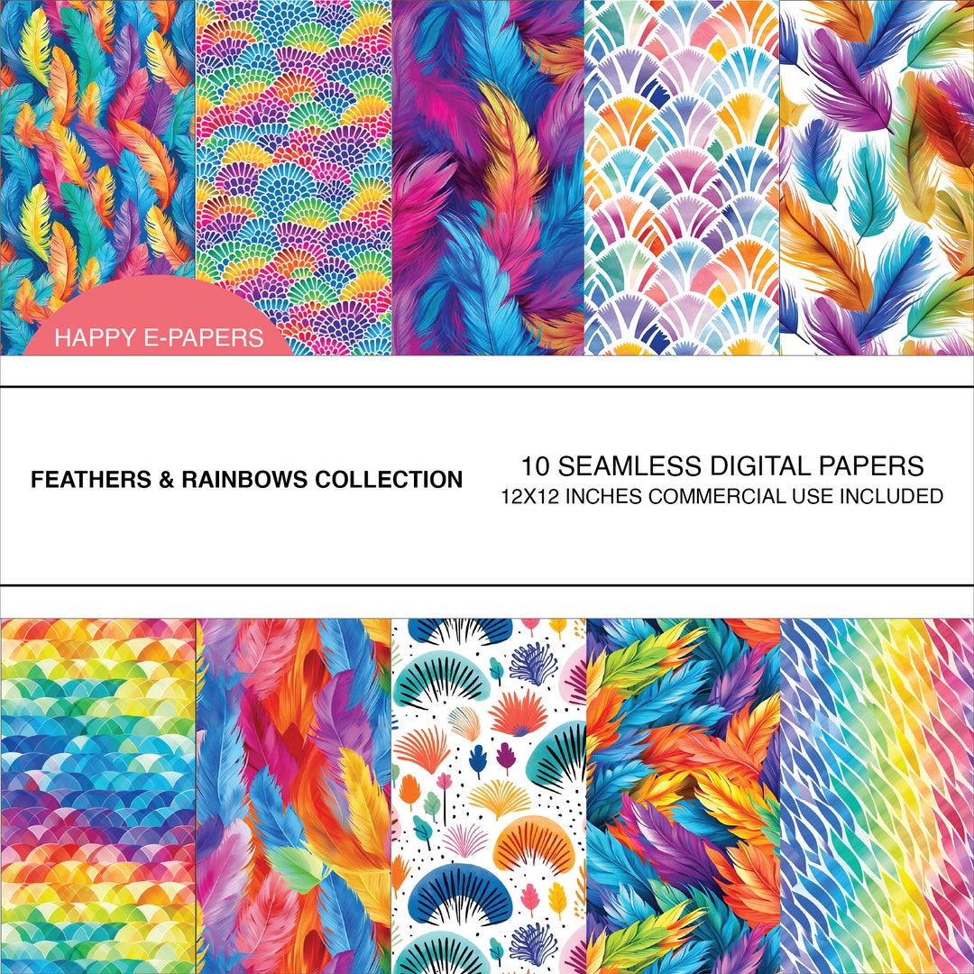 Feathers and Rainbows Digital Papers, Rainbow Background, Digital ...