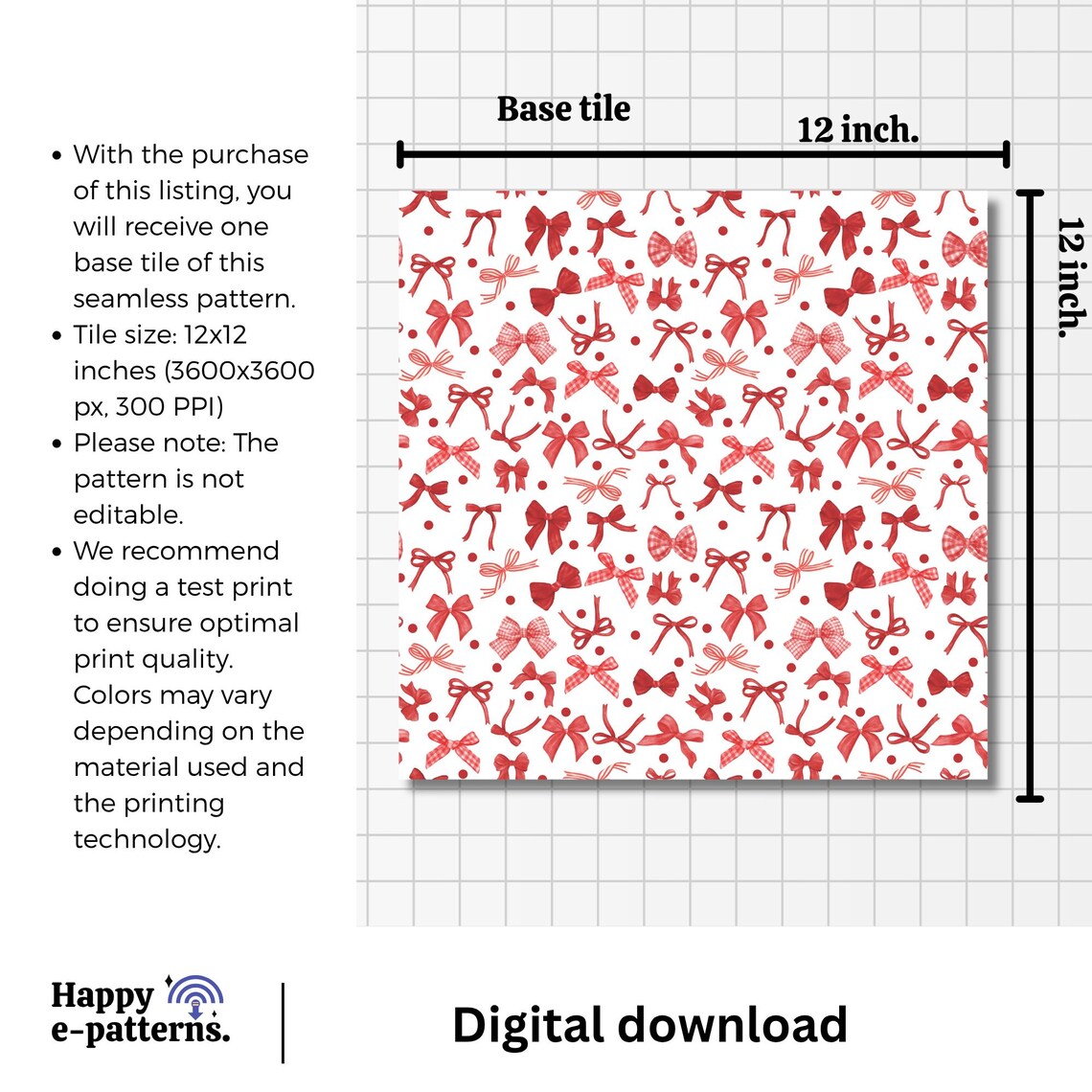 Red Bow Digital Pattern, Seamless Christmas Print, Instant Download ...
