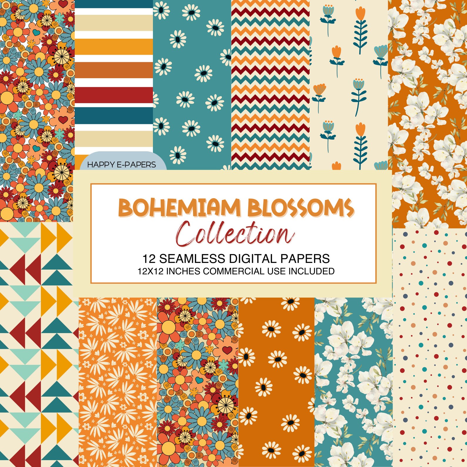 Retro Flowers Digital Papers, Boho Floral Digital Seamless Paper ...