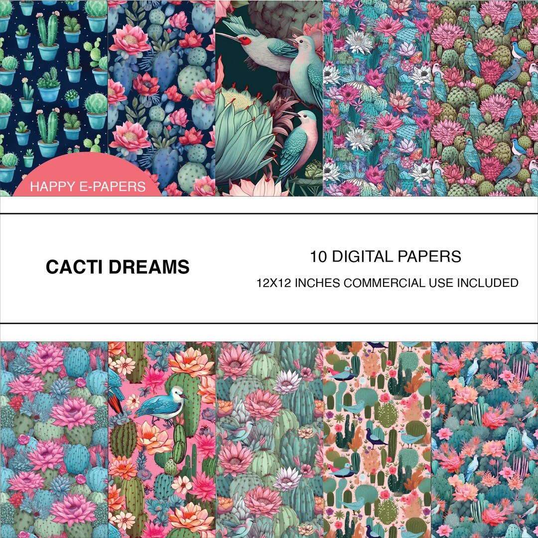 Cactus Digital Papers, Cactus Background, Digital Seamless Paper, Birds ...
