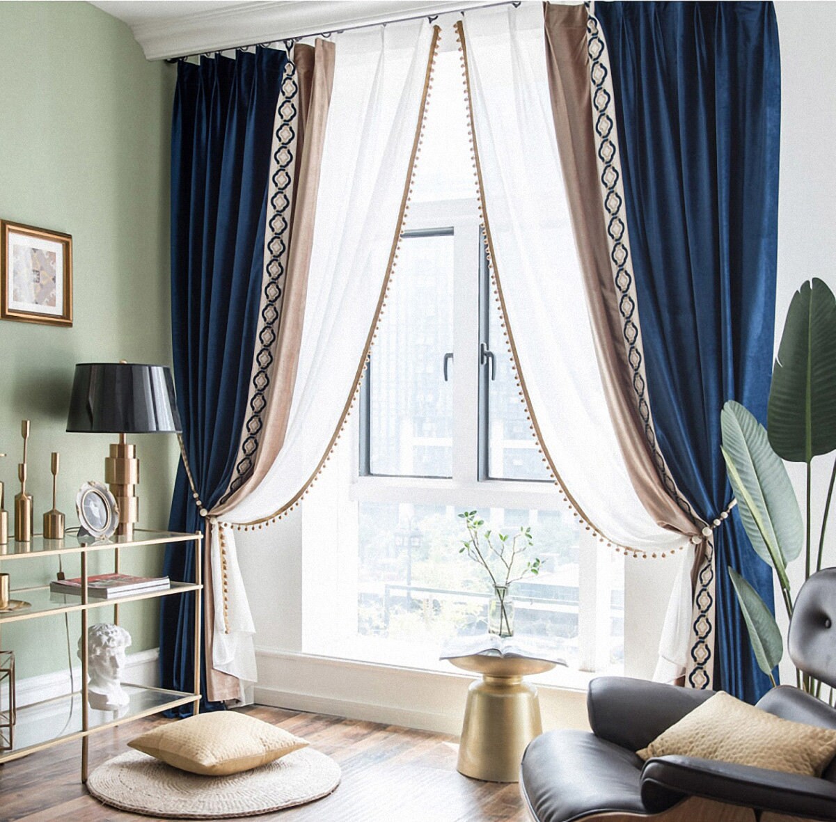 A Pair of Navytan Velvet Curtains With Decorative Trim,living Room ...