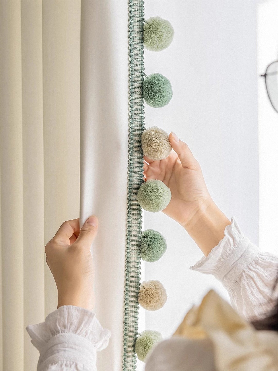 A Pair of Cream Velvet Curtains With Decorative Pompom Trim ,living ...