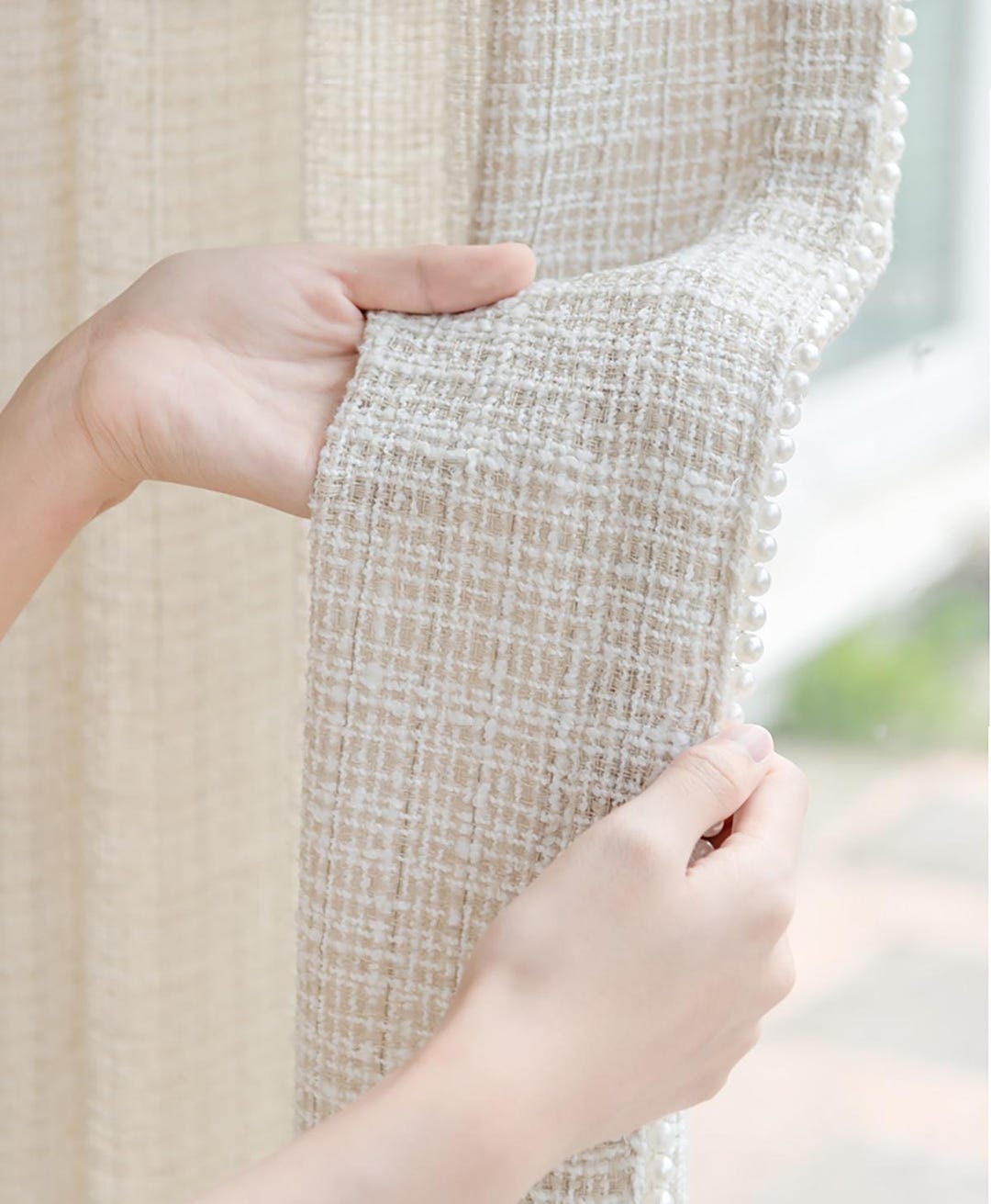 A Pair of Natural Linen Blend Curtains With Beaded Trim on Edges, Café ...