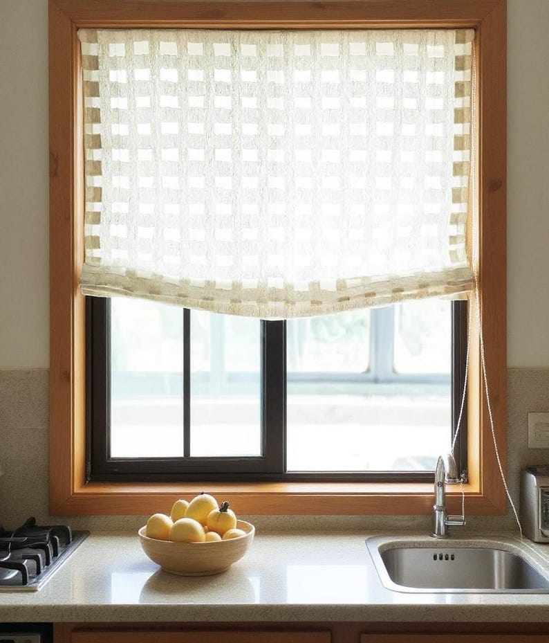 Natural Color Checkered Linen Blend Sheer Custom Soft Roman Shades With ...