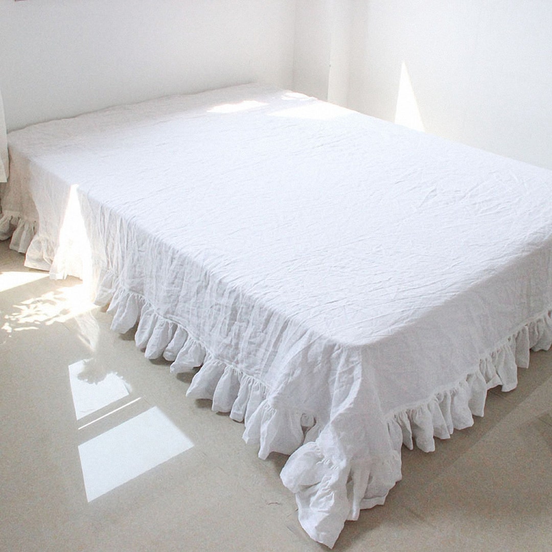 34 Colors Linen Bedding Flat Sheet With Ruffles. off White King, Queen ...