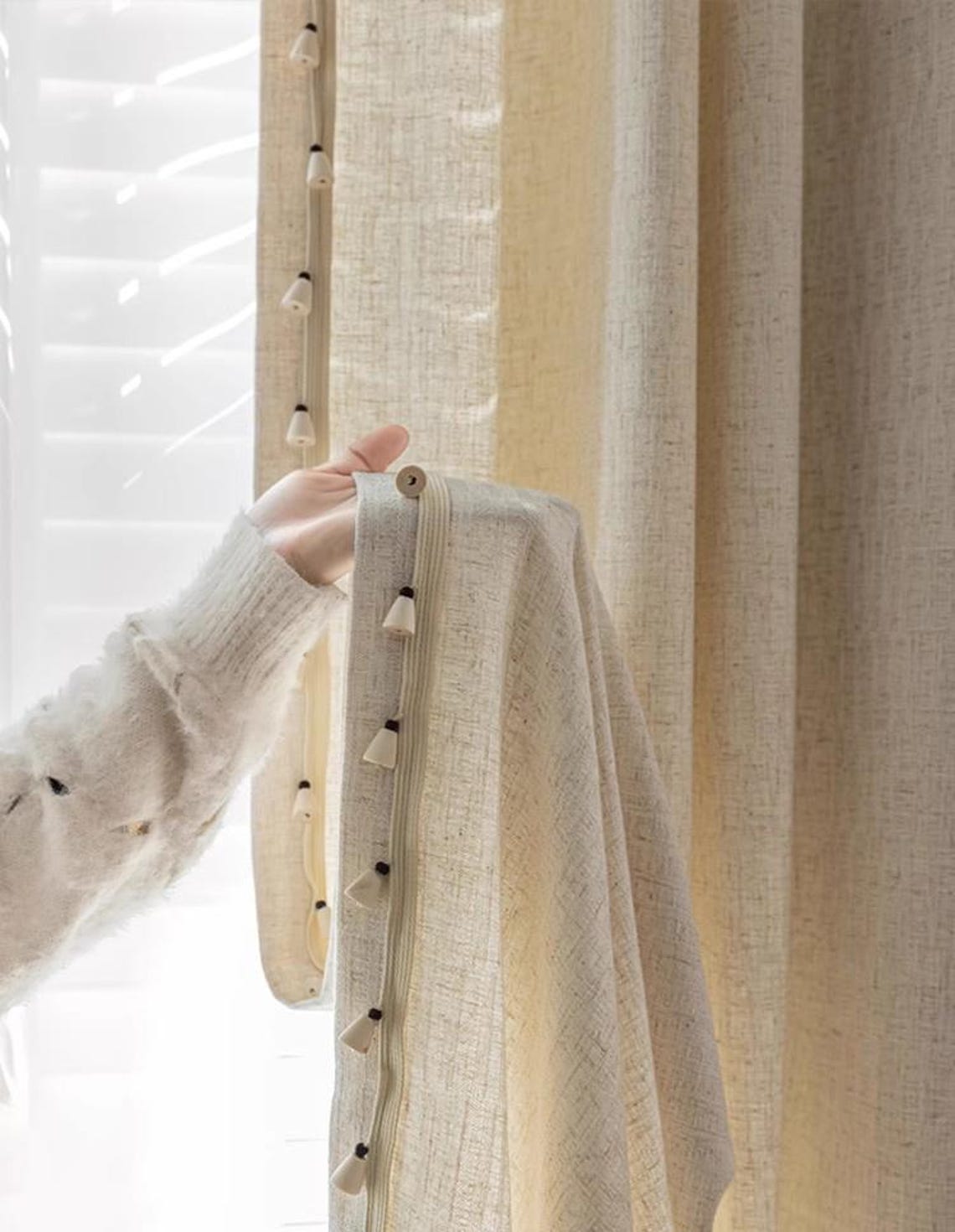 A Pair of Linen Blend Curtains With Decorative Bead Trim ,living Room ...