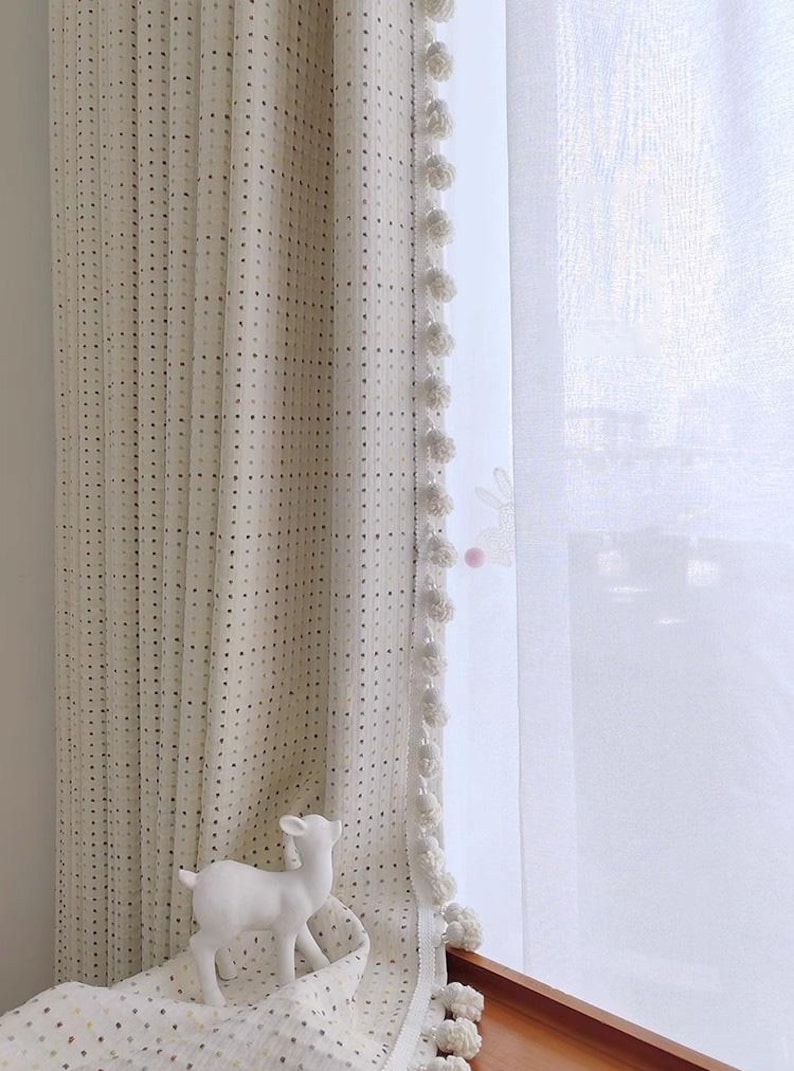 A Pair of Chenille Kids Curtains With Decorative Pompom Trim ,cream ...