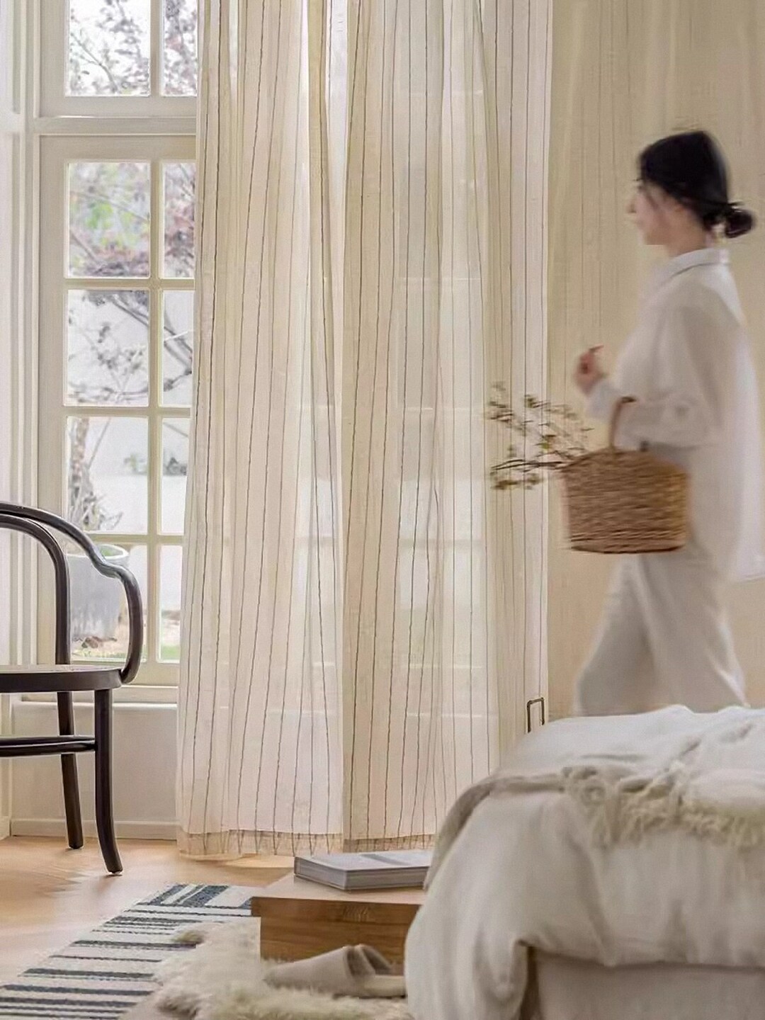 A Pair of Linen Blend Sheer Curtains With Stripes, Living Room Curtains ...