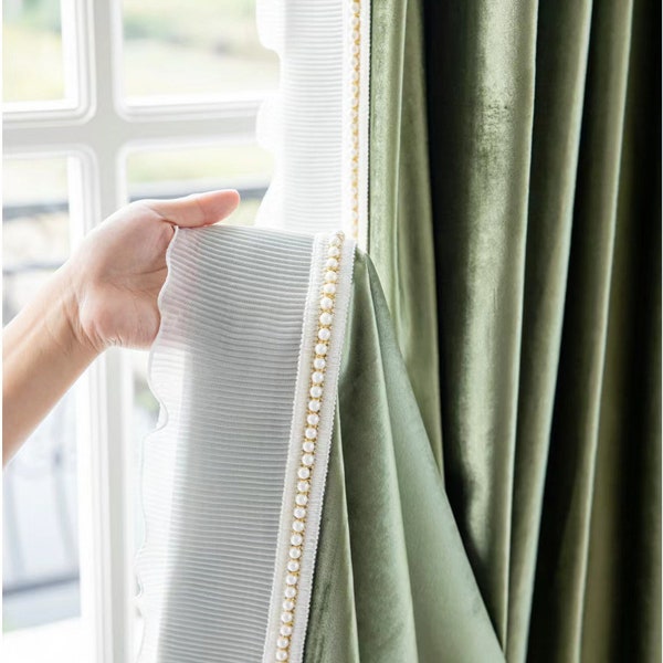 Green Velvet Trim Curtains - Etsy
