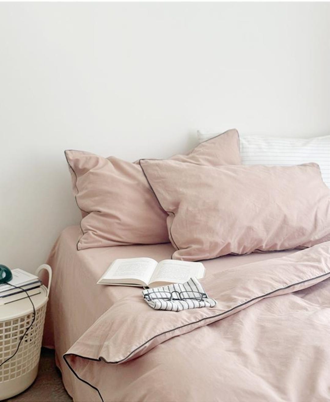 37 Colors Linen Bedding Set With Color Piping. Pink King, Queen Duvet ...