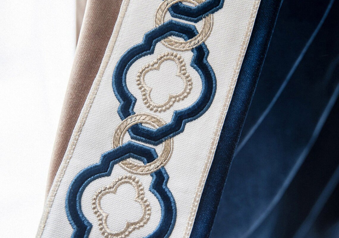 A Pair of Navytan Velvet Curtains With Decorative Trim,living Room ...