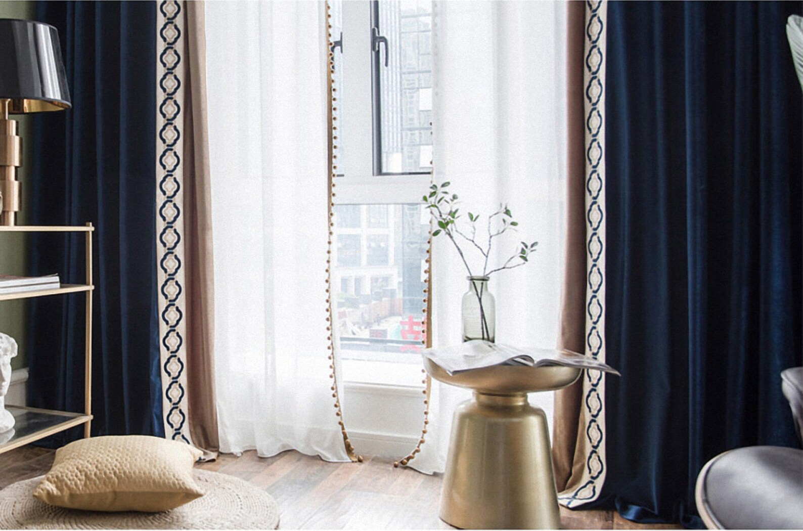 A Pair of Navytan Velvet Curtains With Decorative Trim,living Room ...
