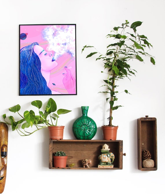 Art Print Space Dust 420 Girl Smoking in the Cosmos | Etsy