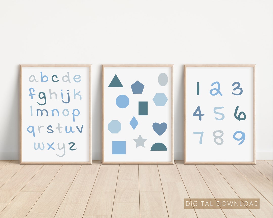 Set of 3 Printable Blue Alphabet and Shapes Nursery Art Prints ...