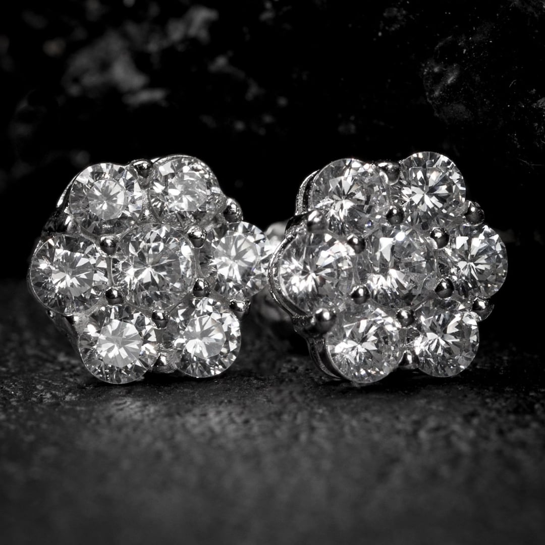 Flower Cluster Iced Cz 925 Sterling Silver Honey Comb Set Circle Screw ...