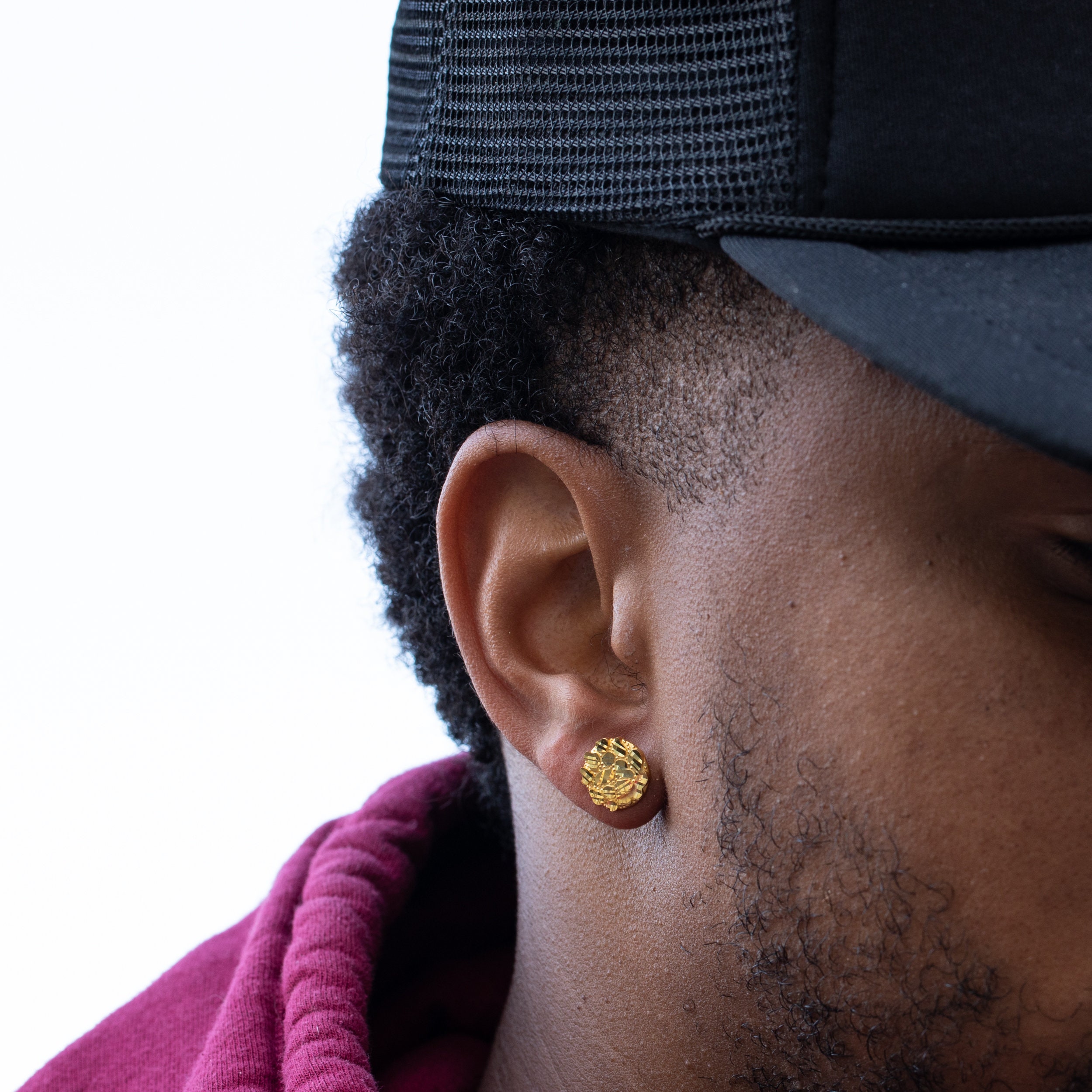 Men's Big Round Real Solid 10K Yellow Gold Diamond Cut Nugget Stud ...