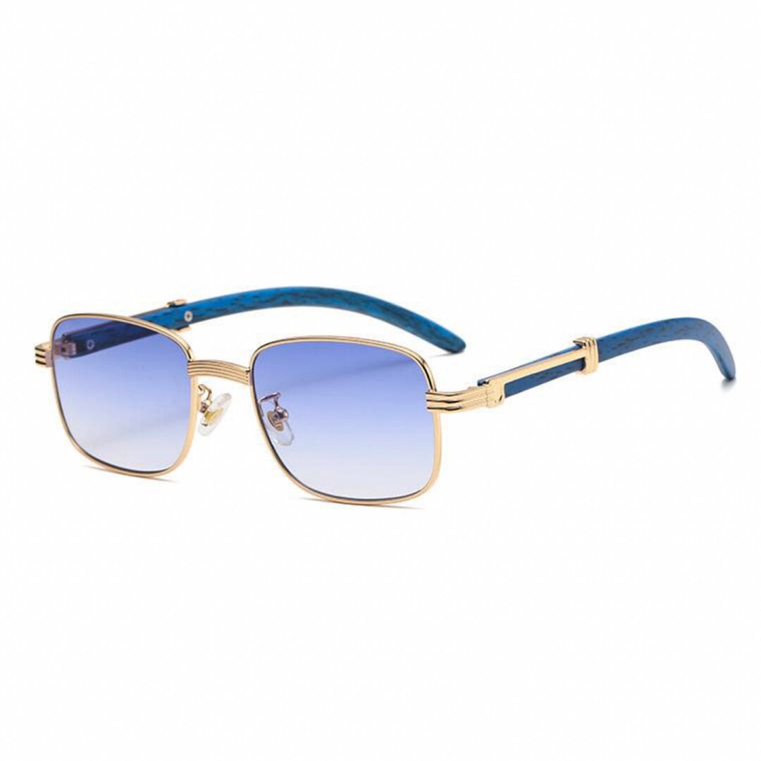 Gold Frame Vintage Woodgrain Blue Tint Lens Mens Fashion Pilot - Etsy